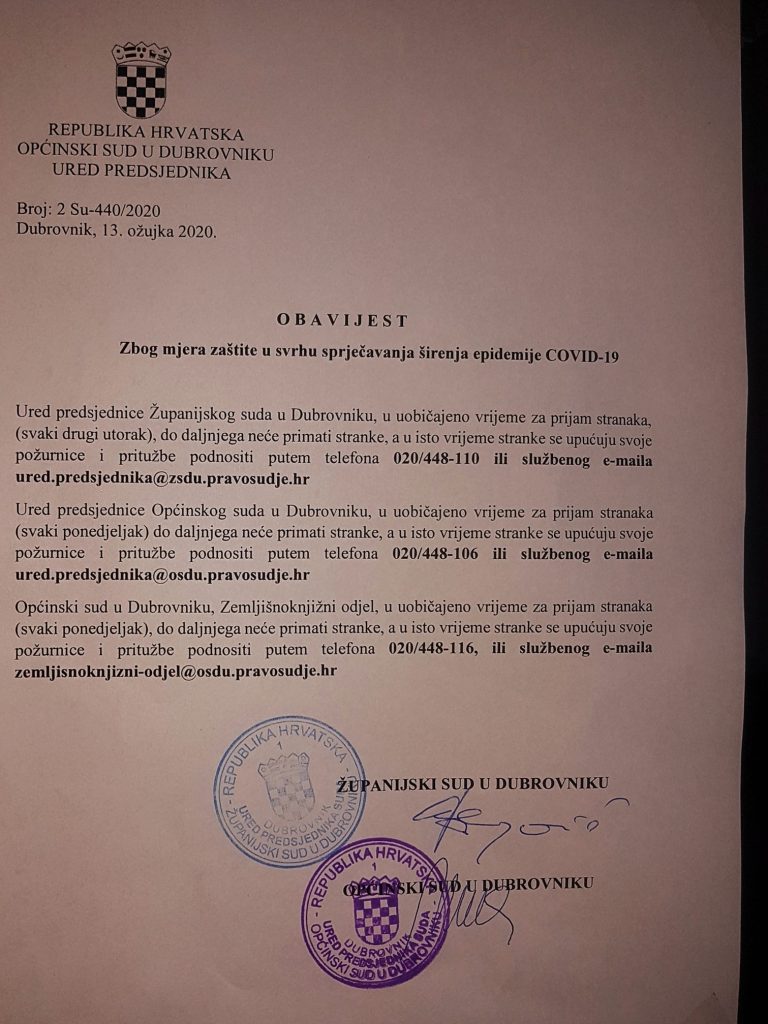 Sud u Dubrovniku do daljnjeg neće primati stranke - DubrovnikNet